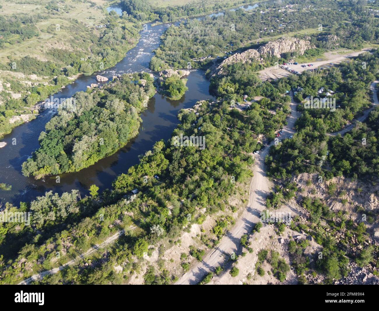 Winding bed of the Southern Bug river. River, landscape from a bird's ...