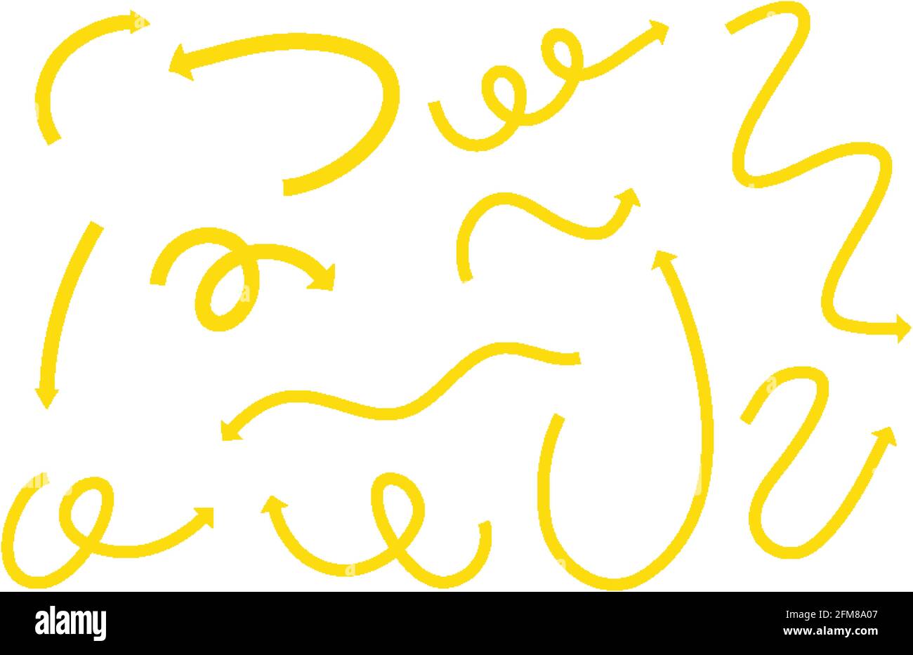 Different types of yellow hand drawn curved arrows on white background ...