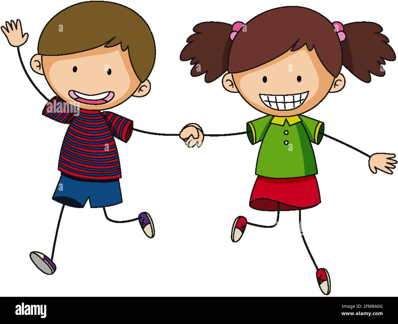Two kids holding hands cartoon character hand drawn doodle style ...