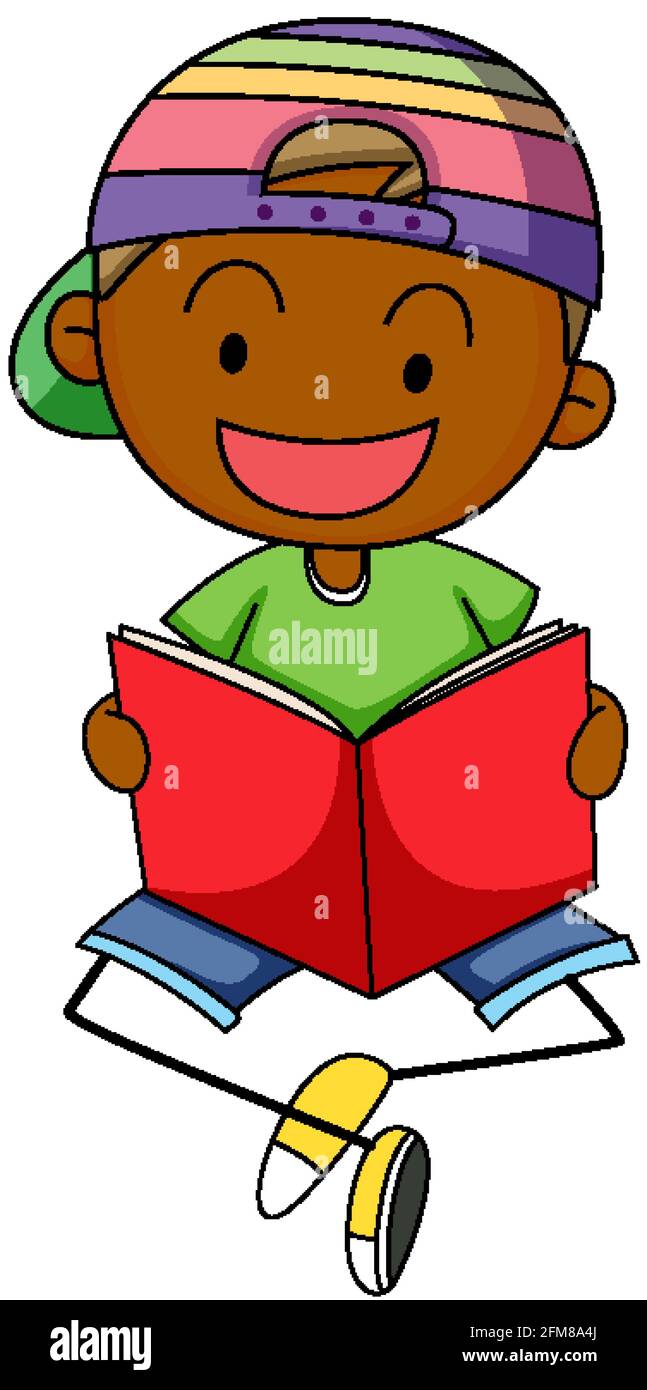 A doodle kid reading a book cartoon character isolated illustration ...