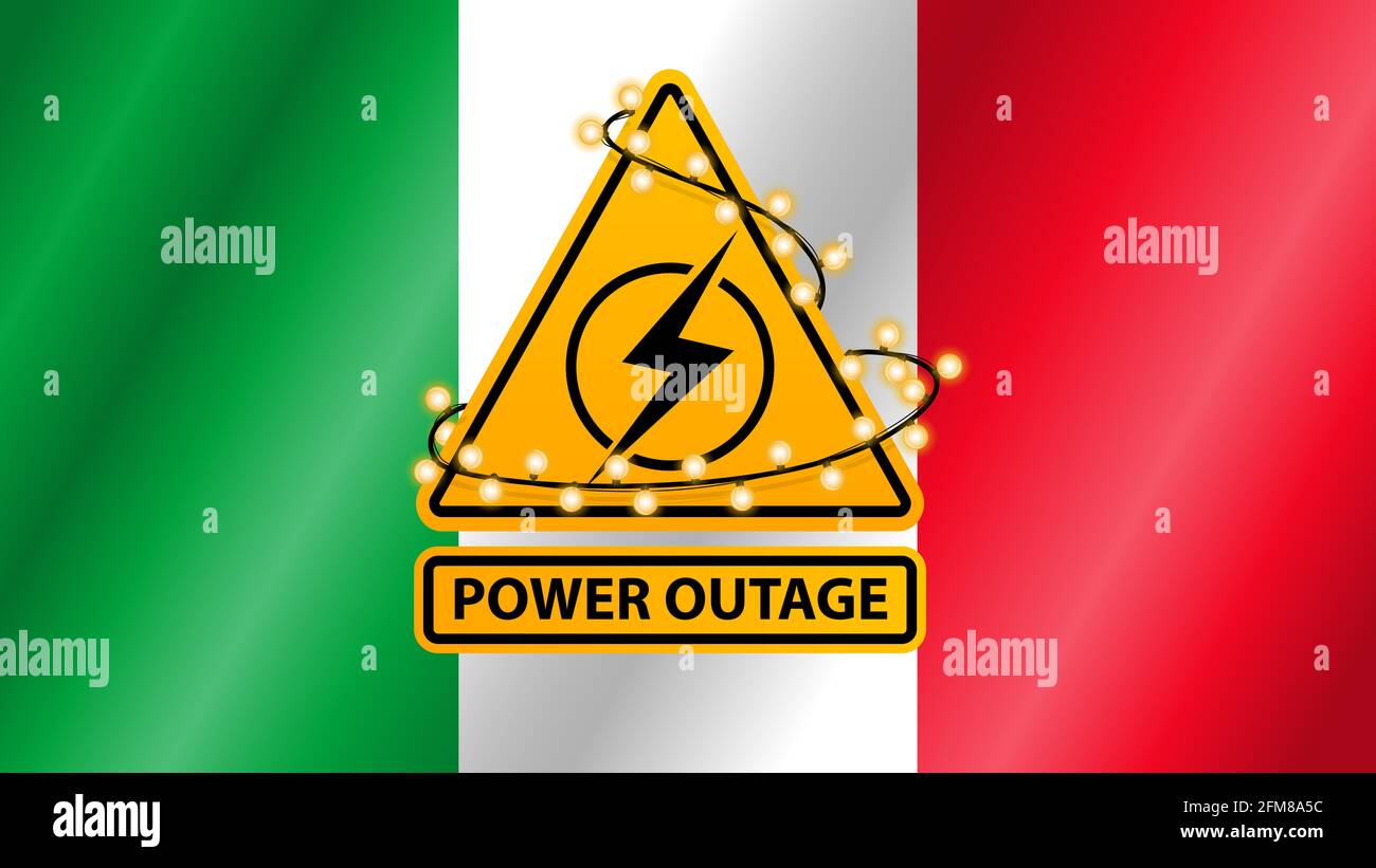 Power outage, yellow warning sign wrapped with garland on the ...