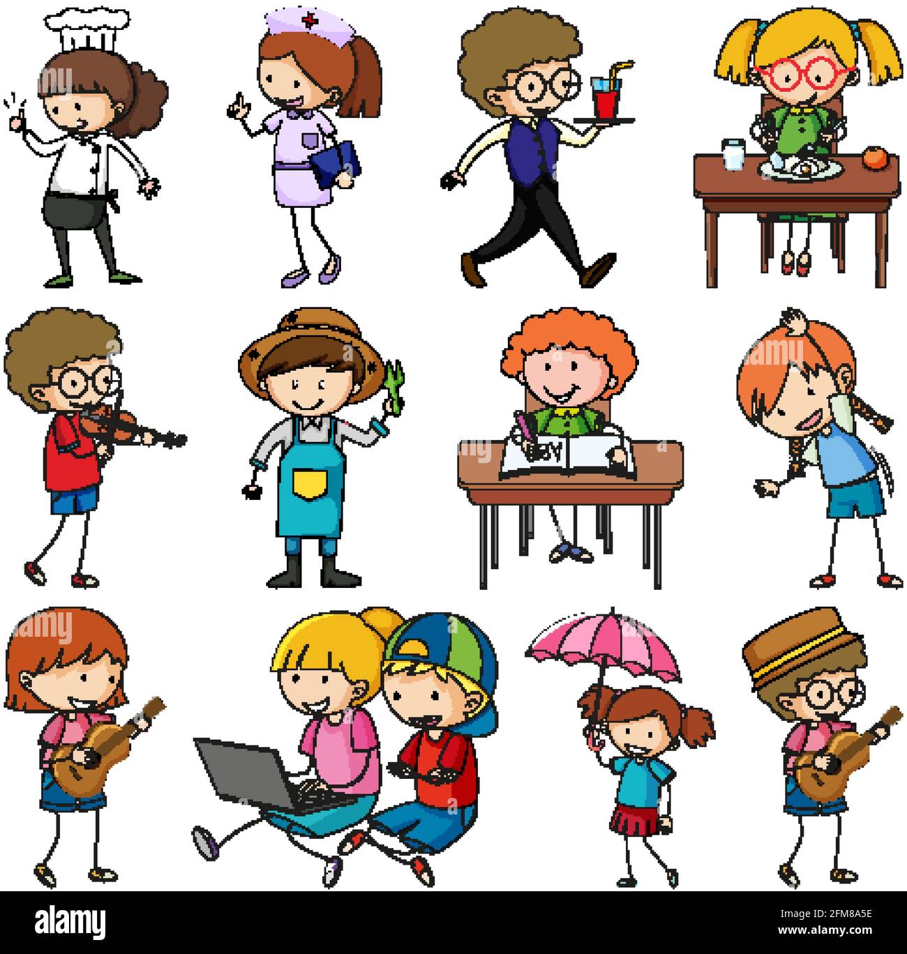 Set of different doodle kids cartoon character illustration Stock ...