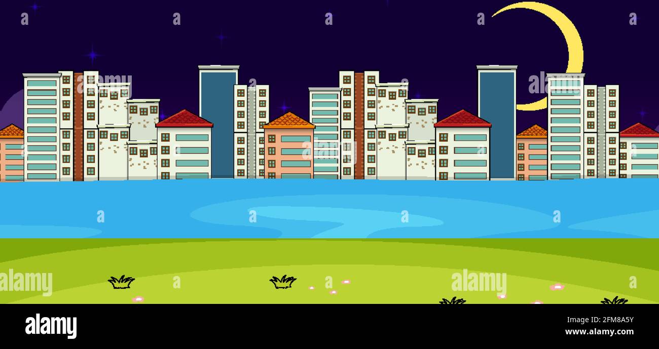 Horizontal scene with river and cityscape at night background ...