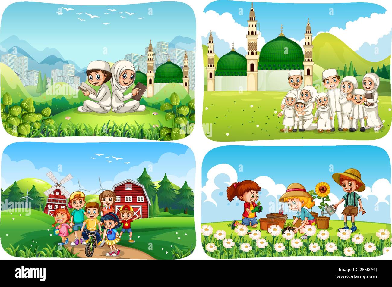 Set of muslim people cartoon character in different scene illustration ...