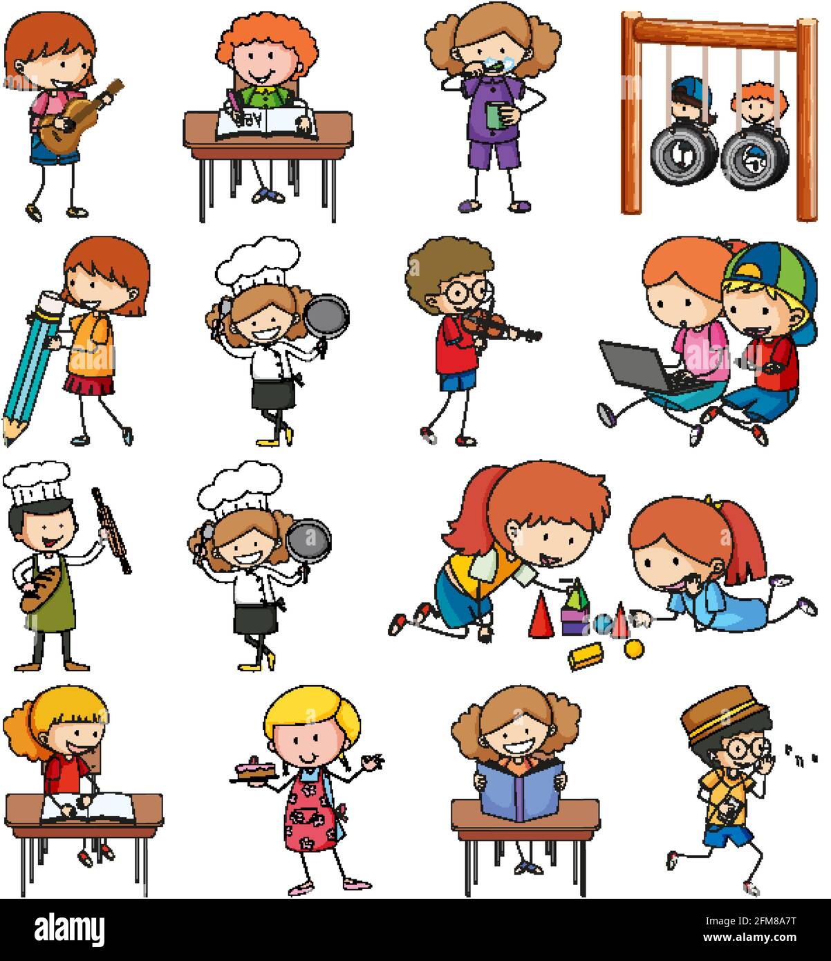 Set of different doodle kids cartoon character illustration Stock ...