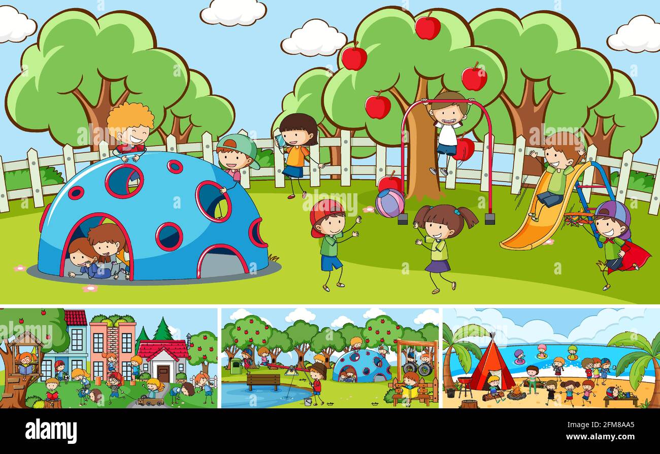 Outdoor scenes set with many kids doodle cartoon character illustration ...