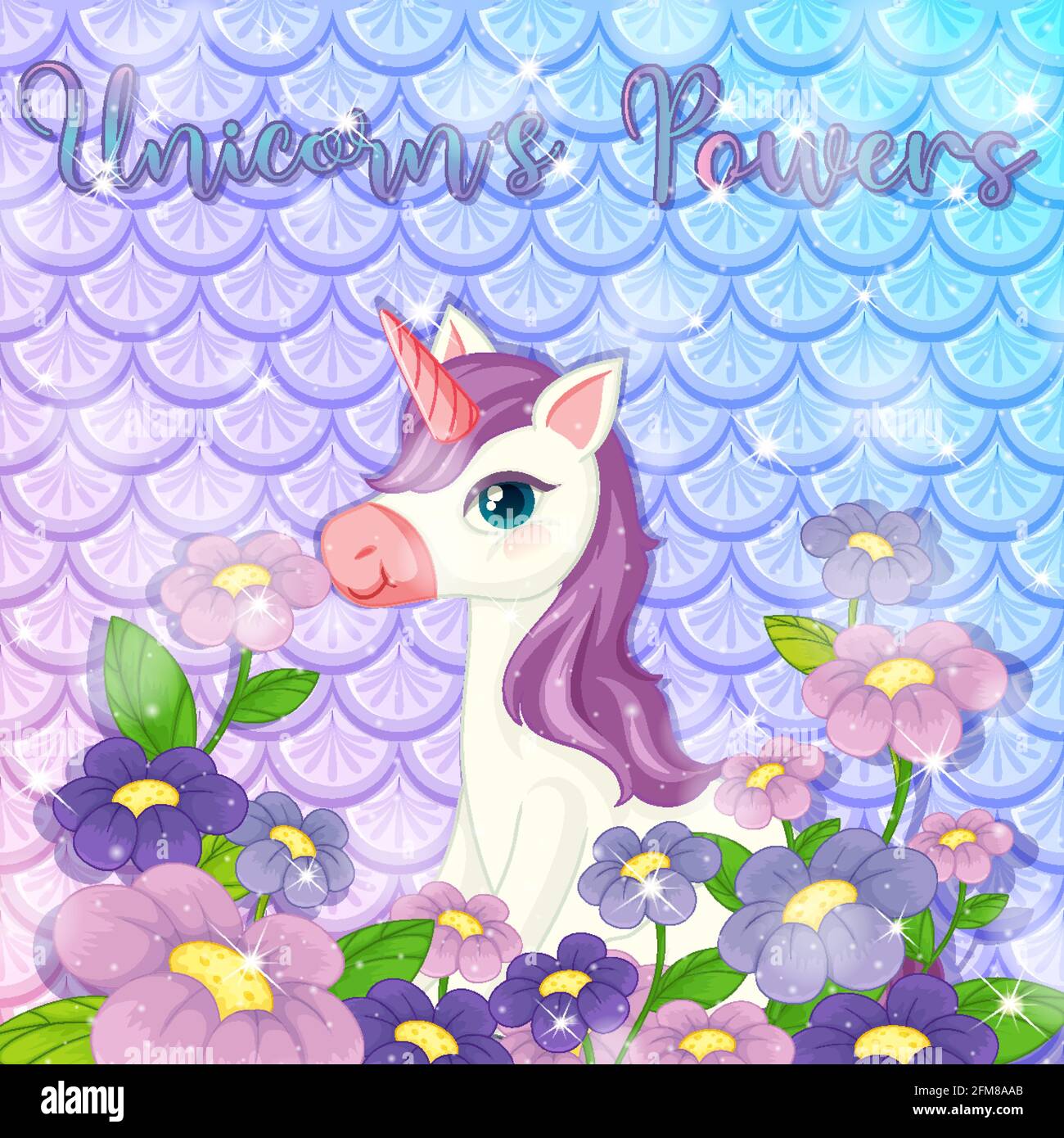 Cute unicorn on rainbow fish scales background illustration Stock ...