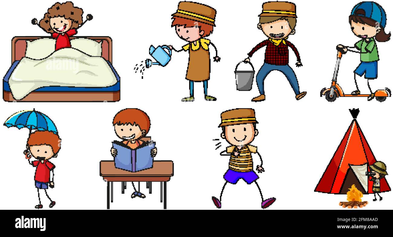 Set of different doodle kids cartoon character illustration Stock ...