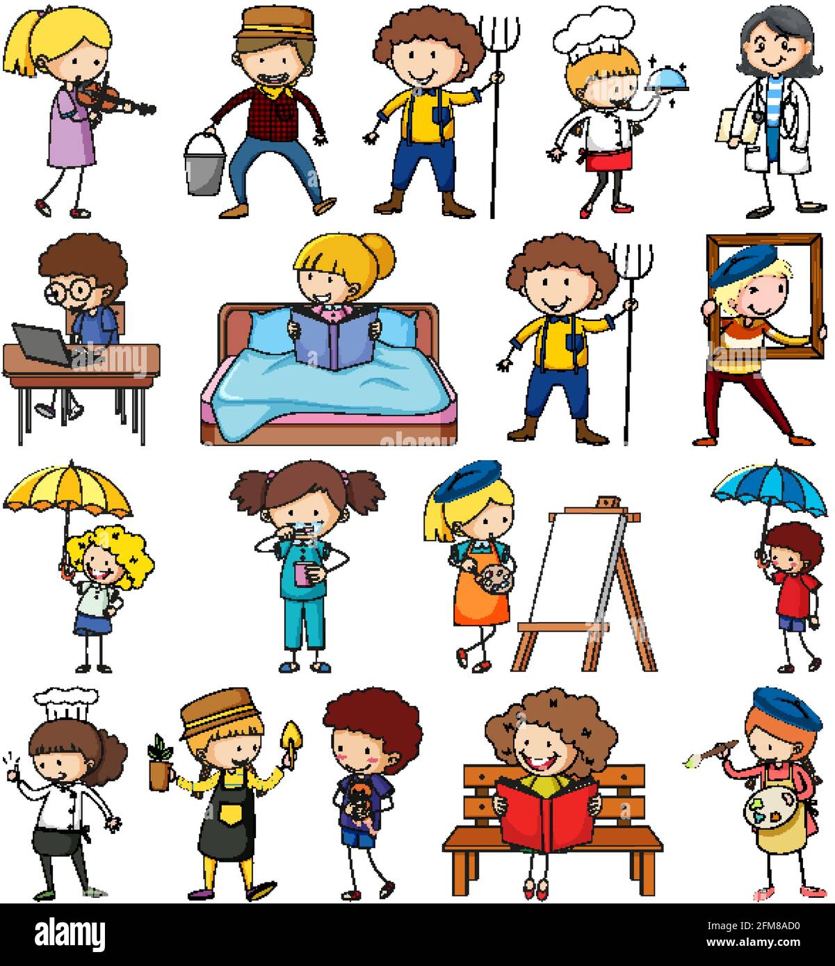 Set of different doodle kids cartoon character illustration Stock ...