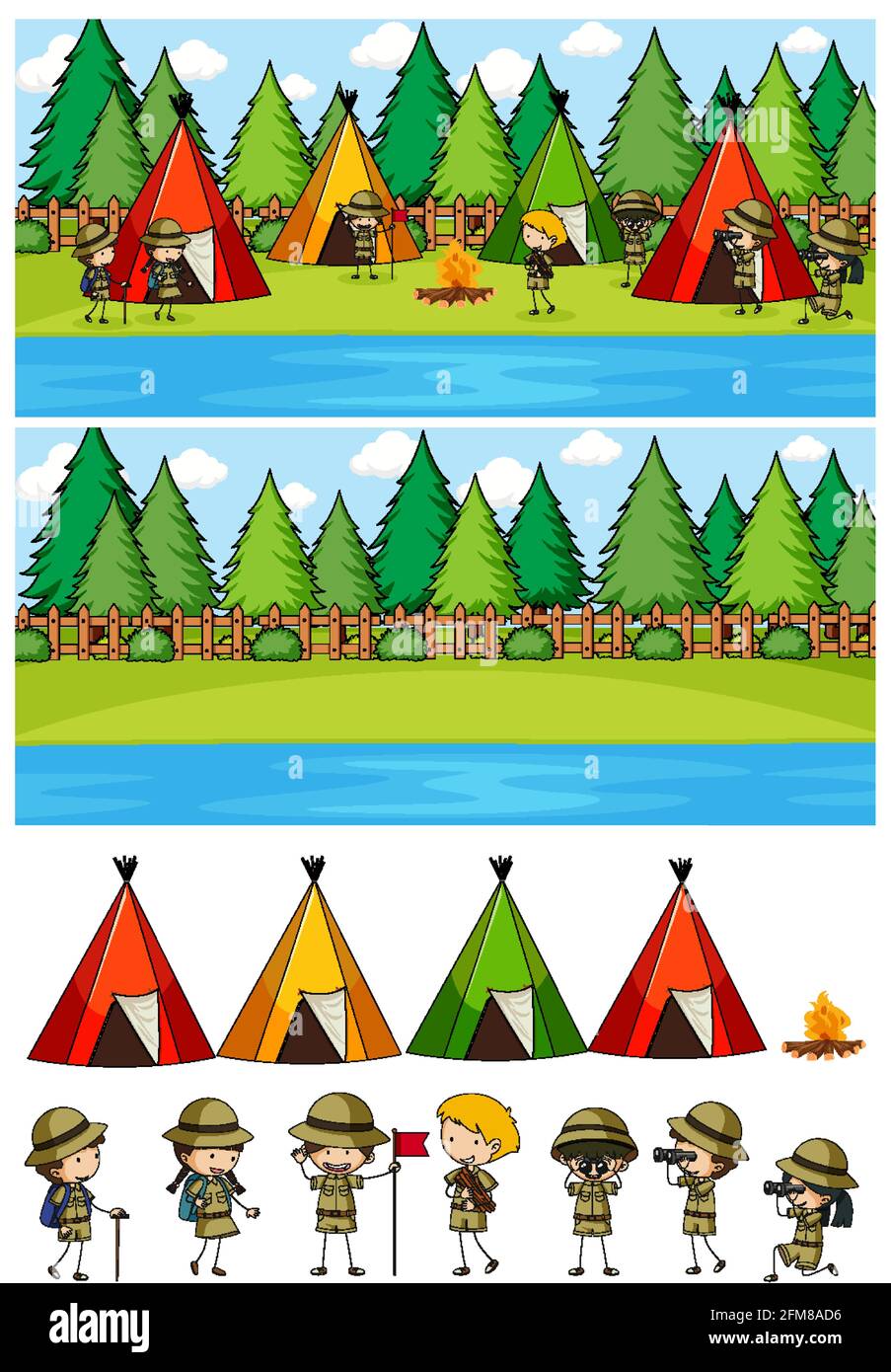 Camping scene set with many kids cartoon character isolated ...