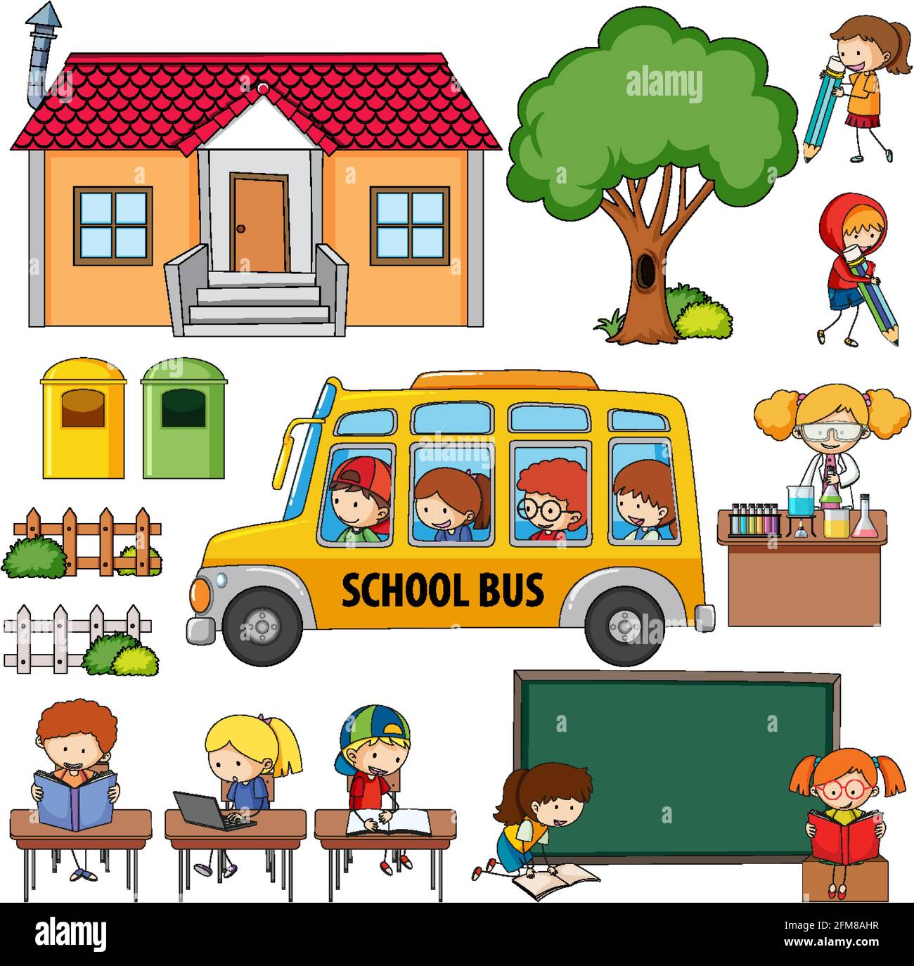 School set with many student cartoon character illustration Stock ...