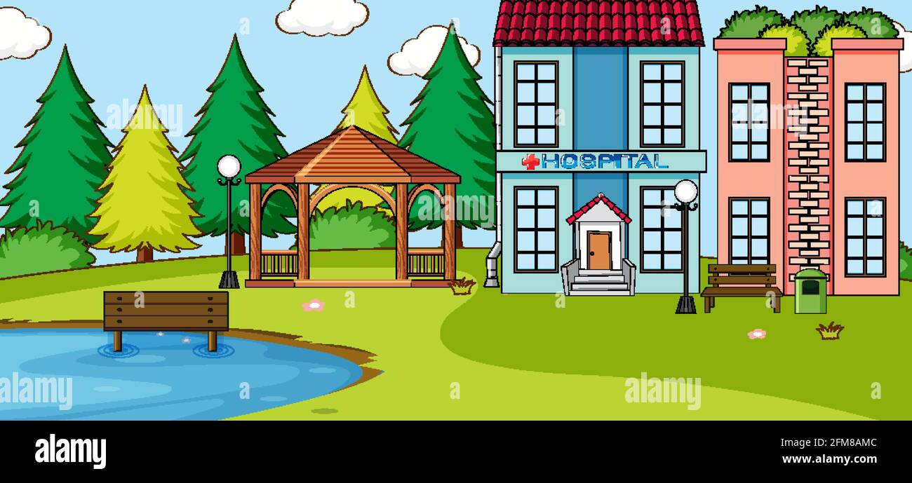 Horizontal scene with hospital building outdoor scene illustration ...