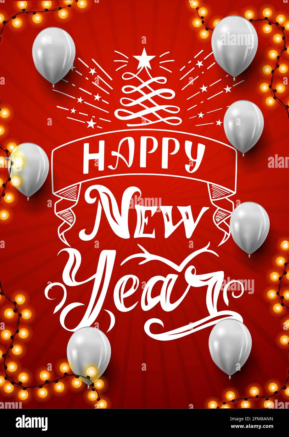 Happy New Year, red vertical postcard with beautiful lettering, garland ...