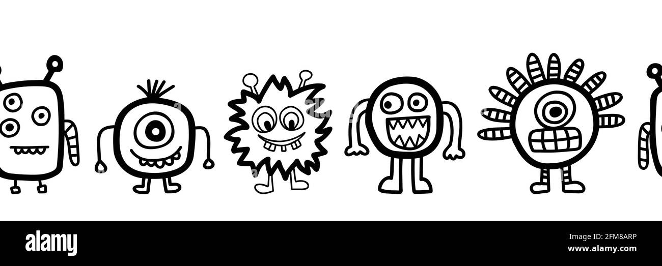 Cute monster border seamless vector. Repeating cute aliens and monsters ...