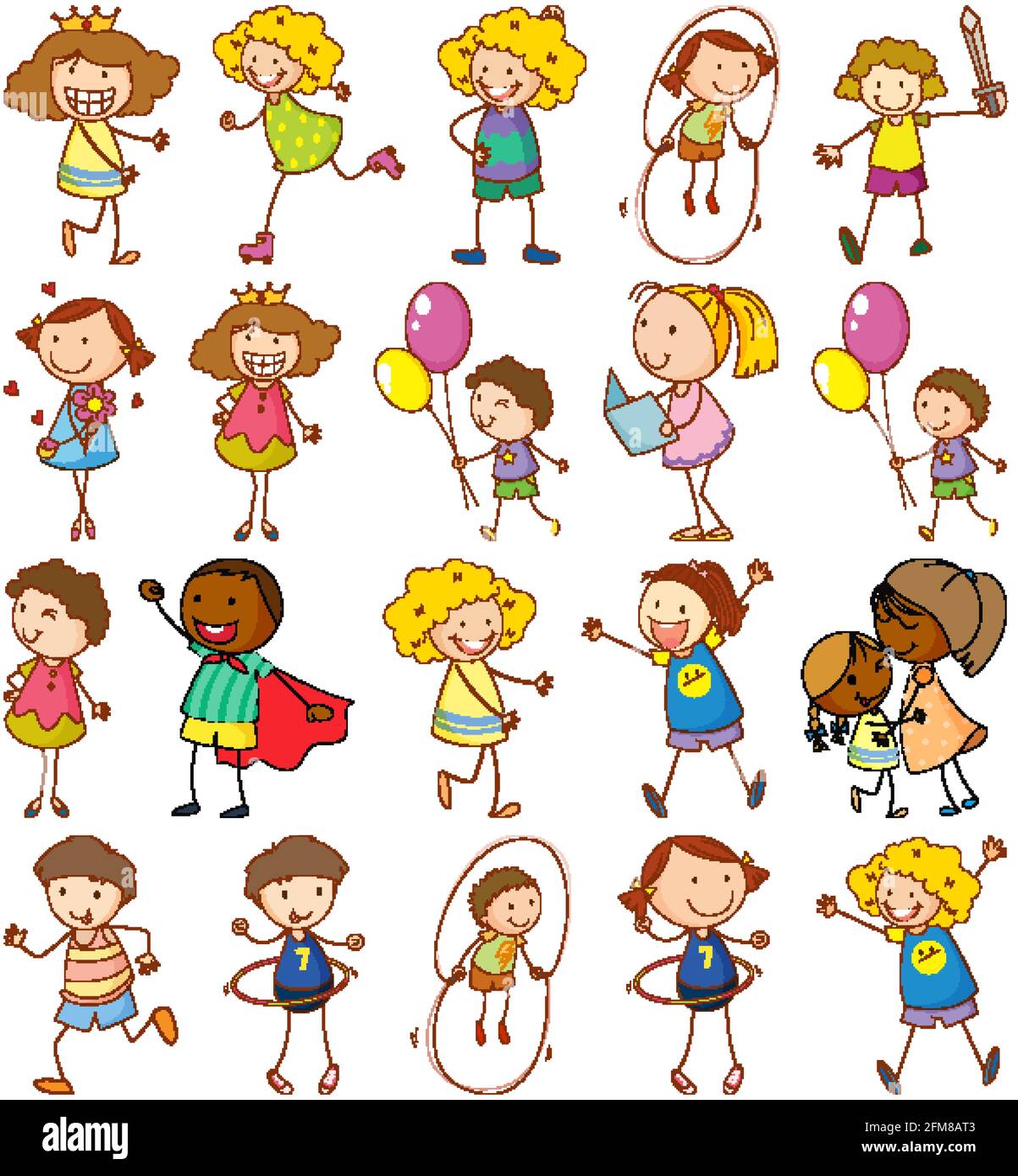 Set of different doodle kids cartoon character illustration Stock ...