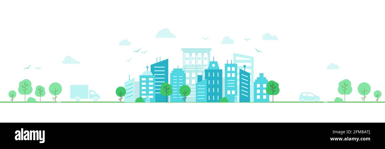 Panorama of a Small town. Light Urban landscape. Cars drive up to the ...