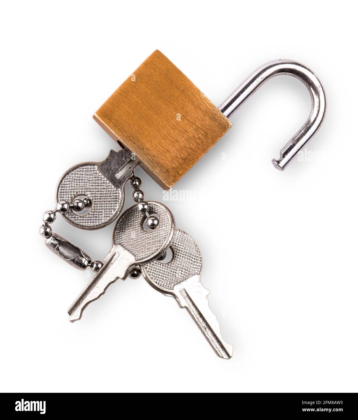 Opened padlock and keys isolated on white background Stock Photo - Alamy