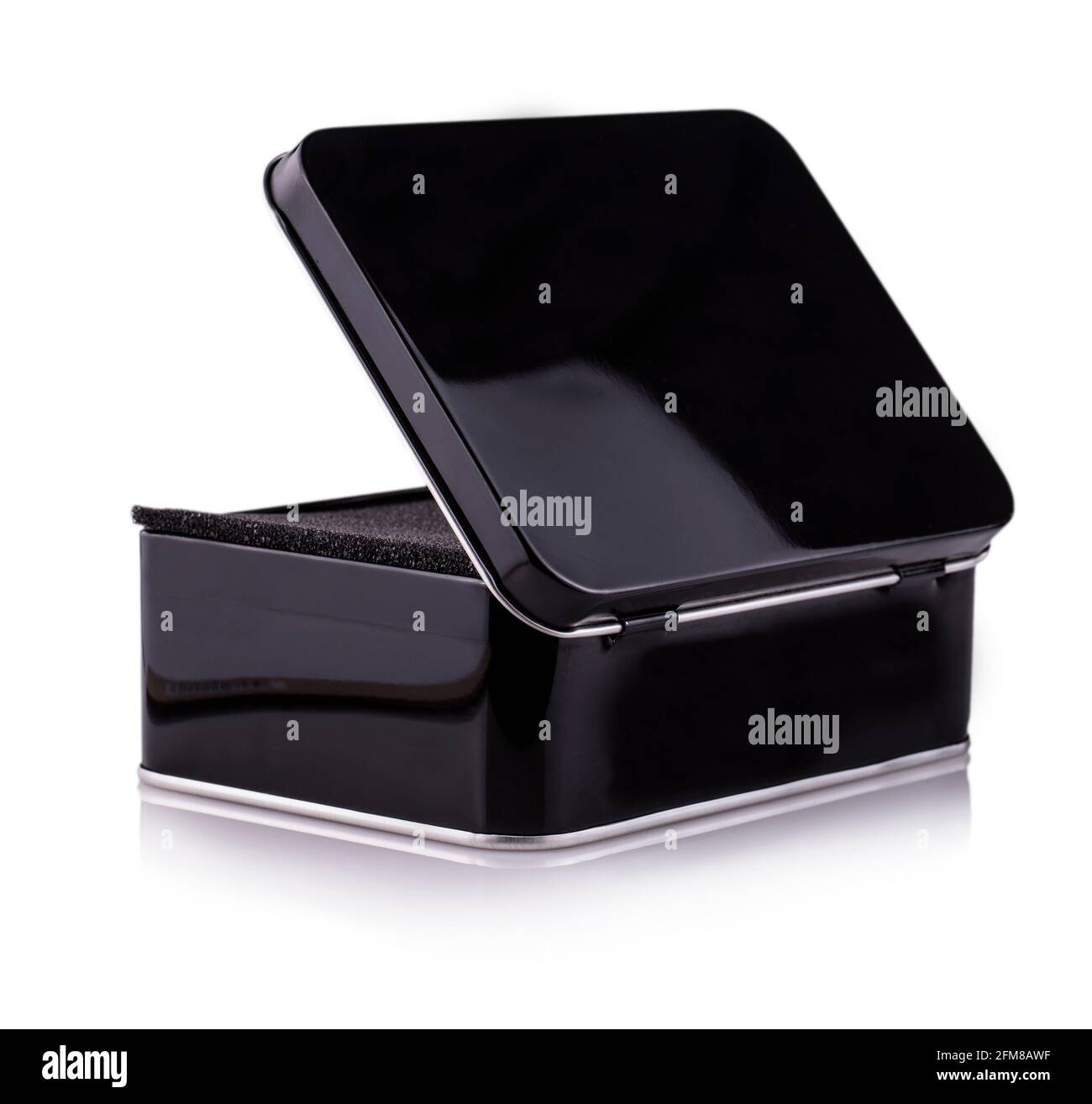 Empty open black metal box close-up izolated on white background Stock ...