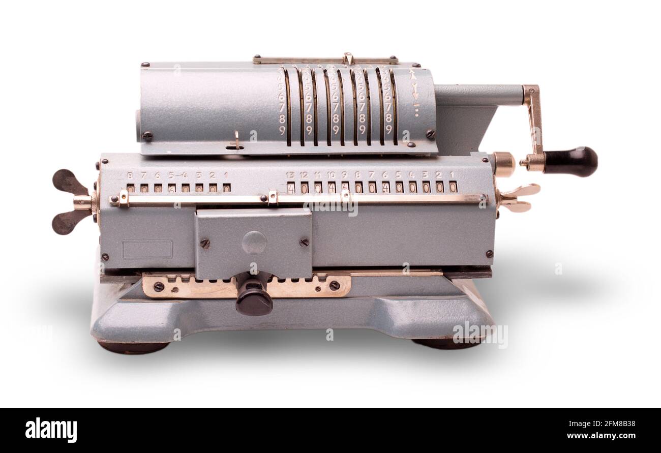 the old adding machine, cut out on white background Stock Photo - Alamy
