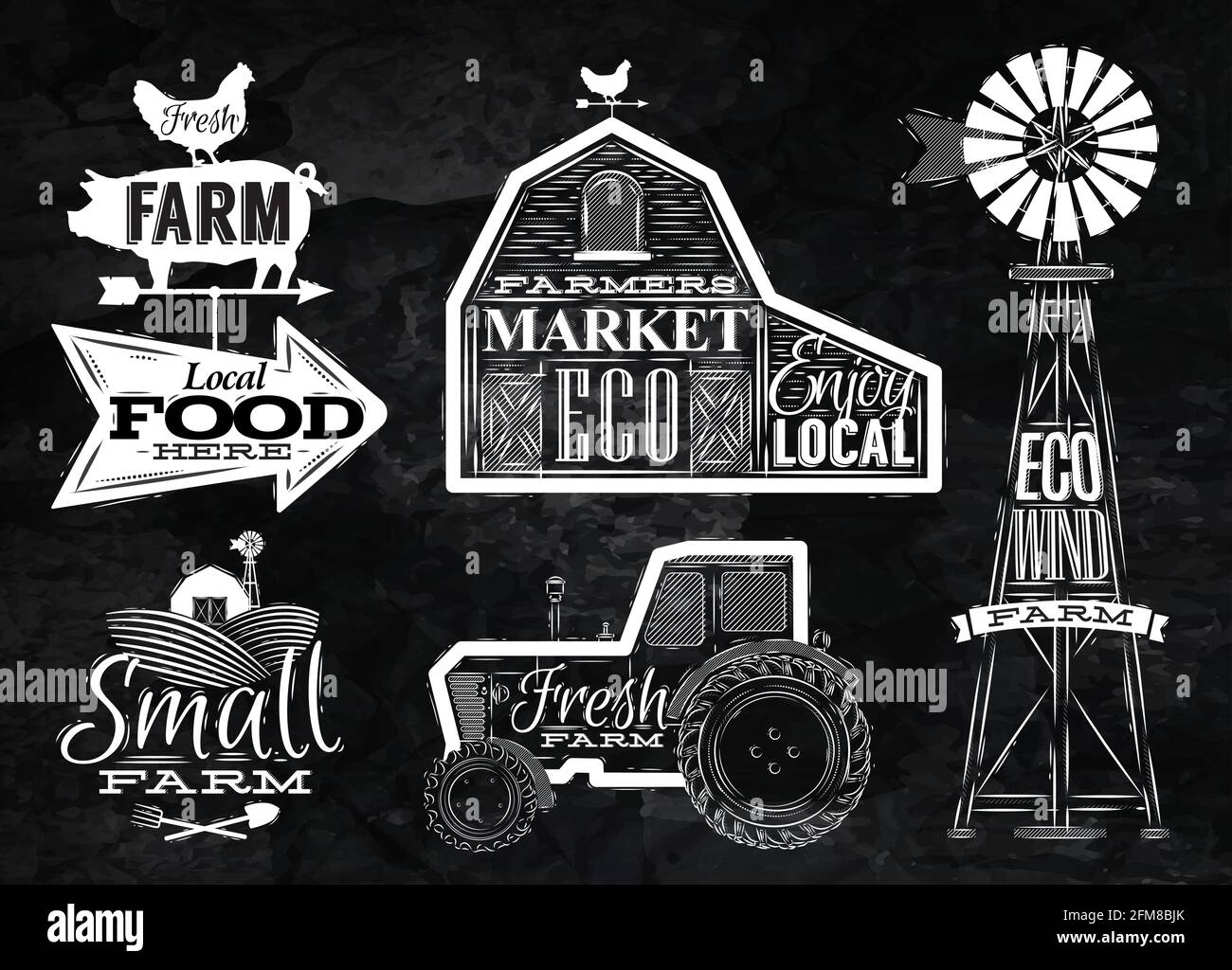 Farm characters in vintage style lettering in tractor barn and the mill ...