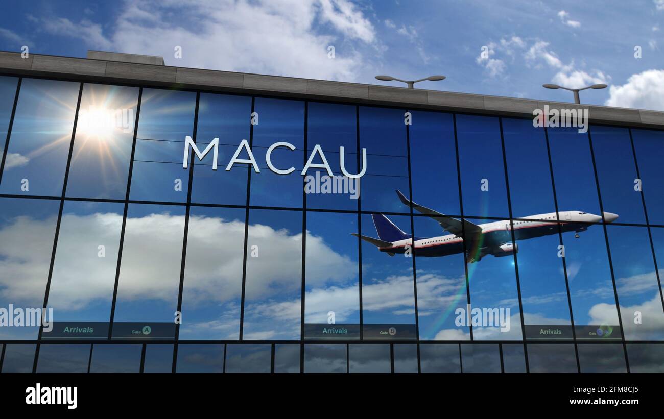 Jet aircraft landing at Macau, China 3D rendering illustration. Arrival ...