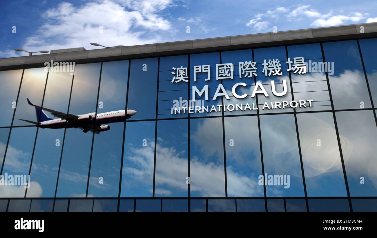 Jet aircraft landing at Macau, China 3D rendering illustration. Arrival ...