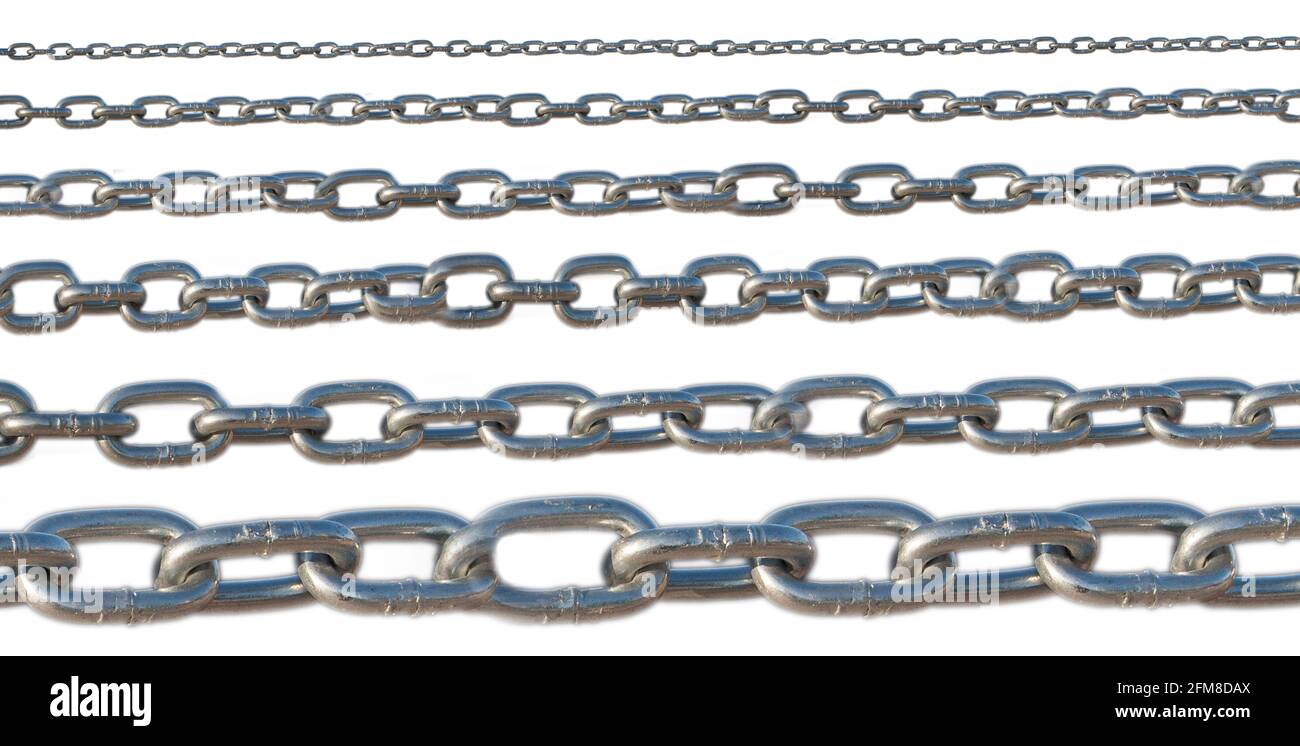 A set of chrome chains of different sizes on an isolated white ...
