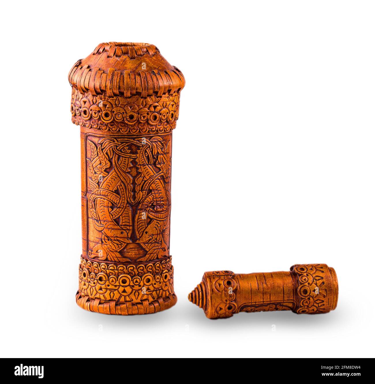opened Wooden bottle of birch bark on white background Stock Photo - Alamy