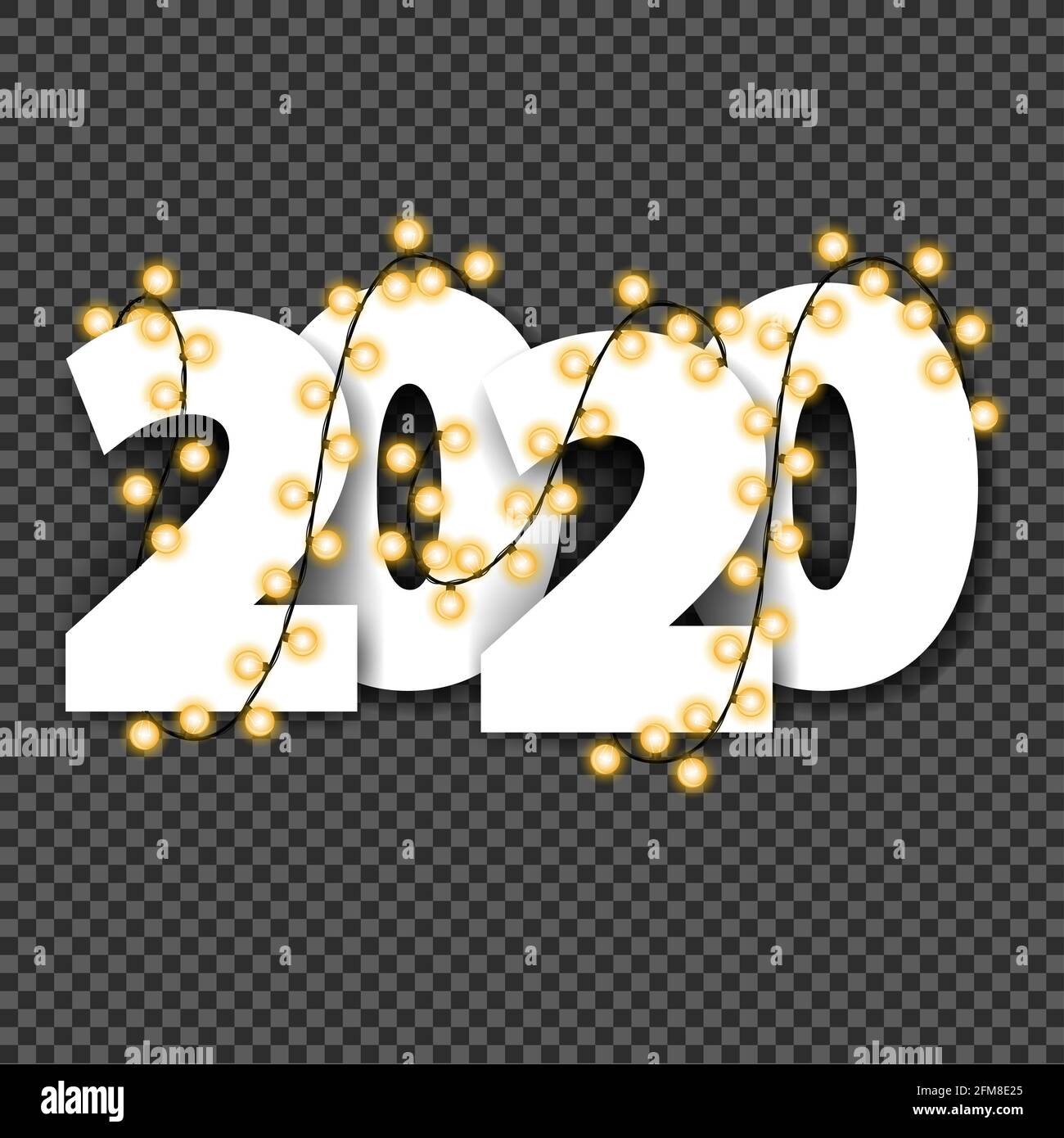 2020, white volumetric numbers wrapped with garland isolated on white ...