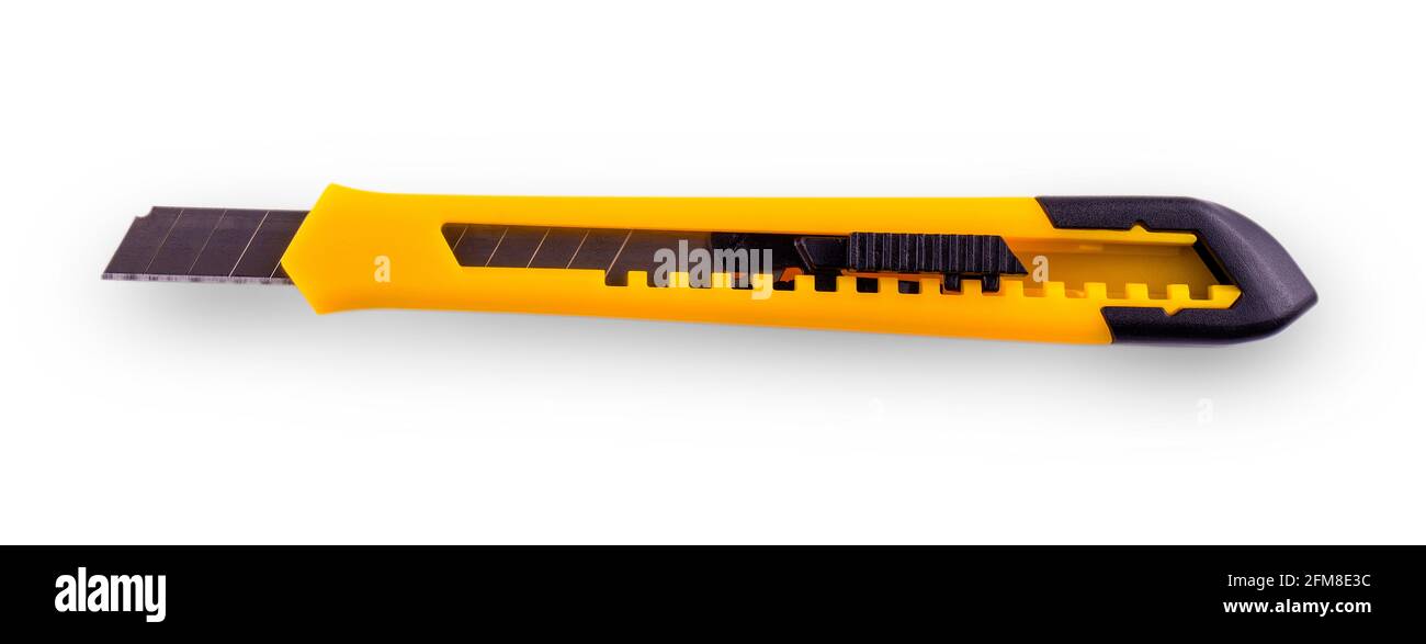 Yellow paper cutter with opened blade, isolated on white background ...