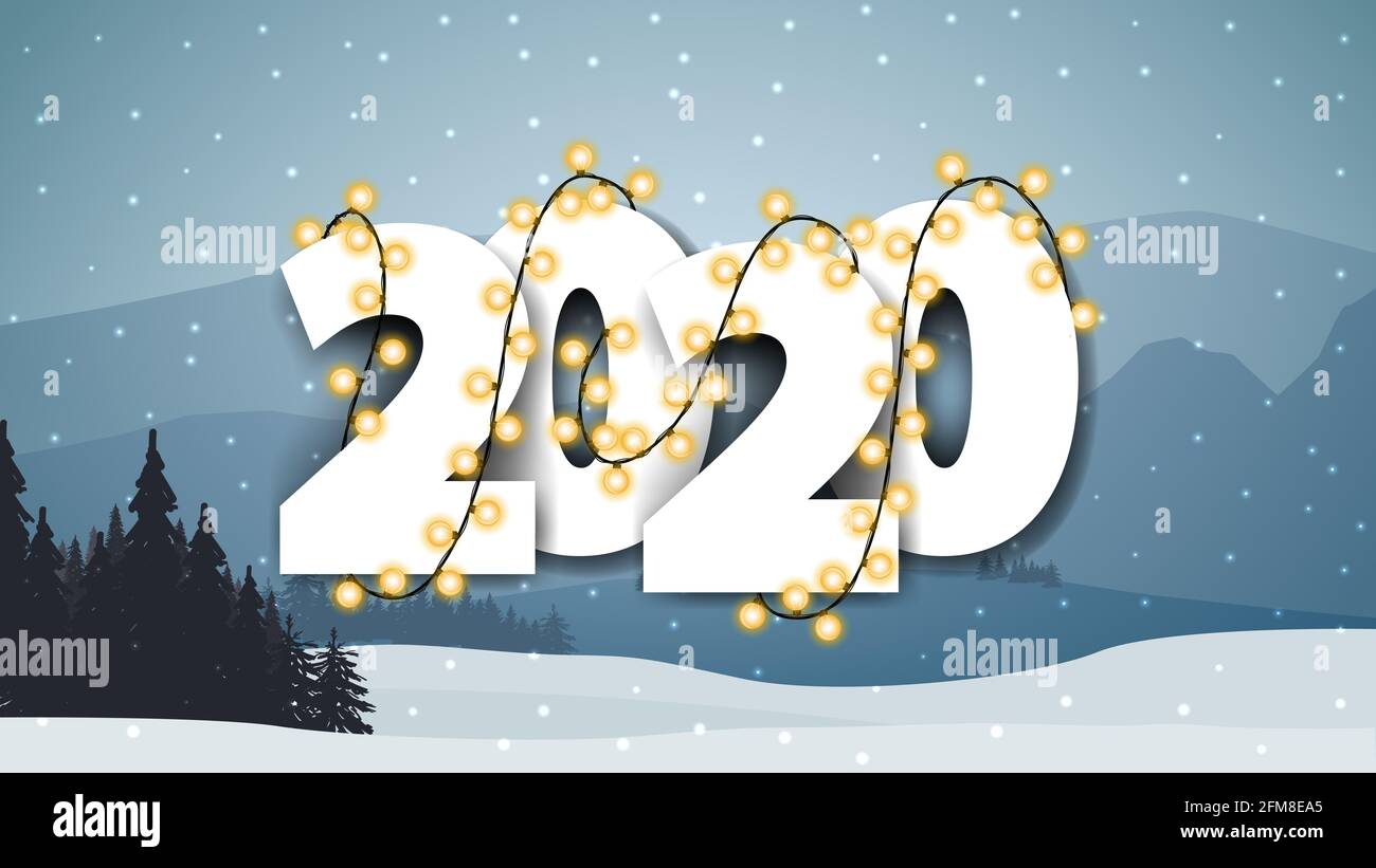 Sign 2020, big white volumetric sign wrapped of garlands on background ...