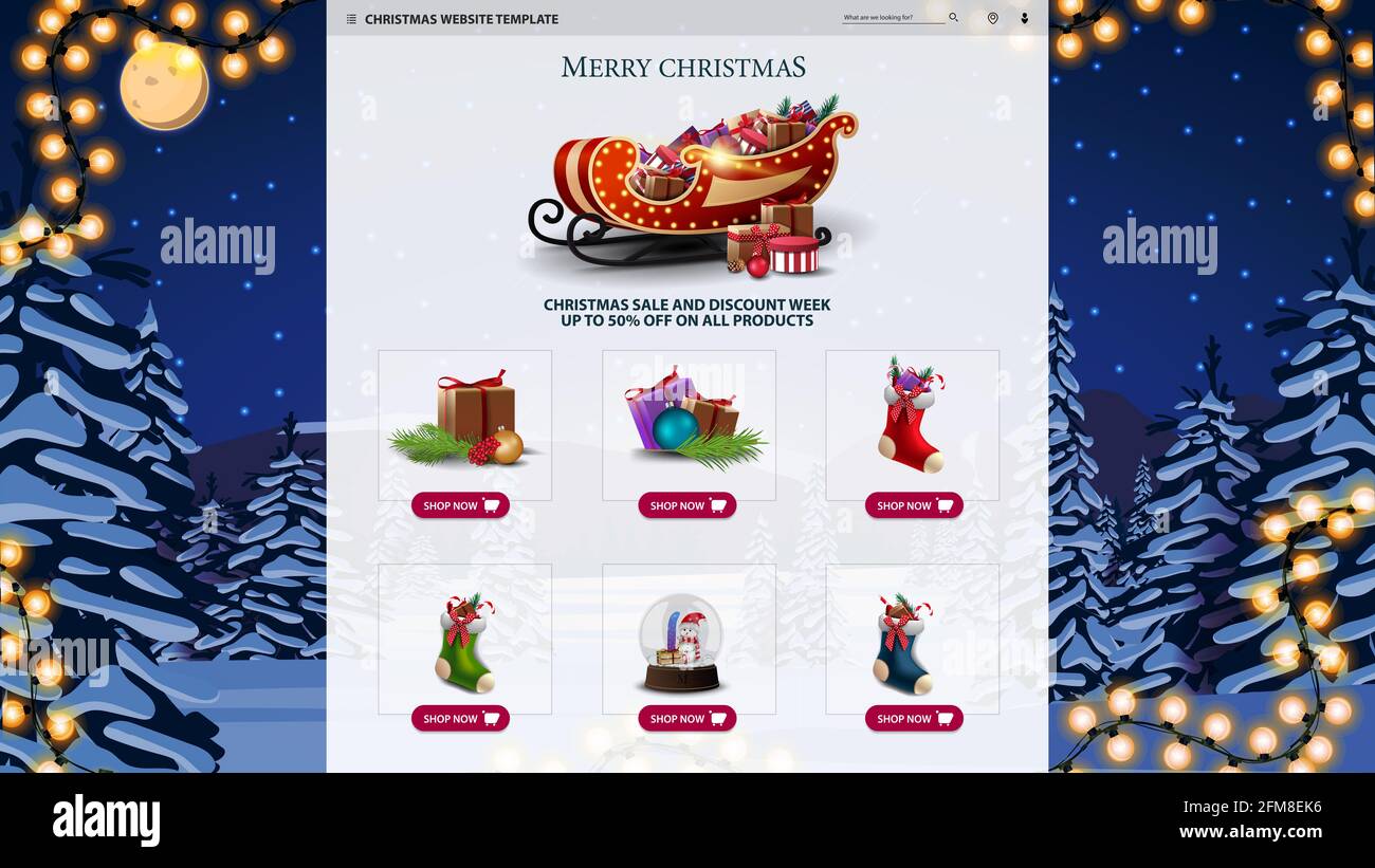 Christmas website template with night landscape with snow-covered pines ...