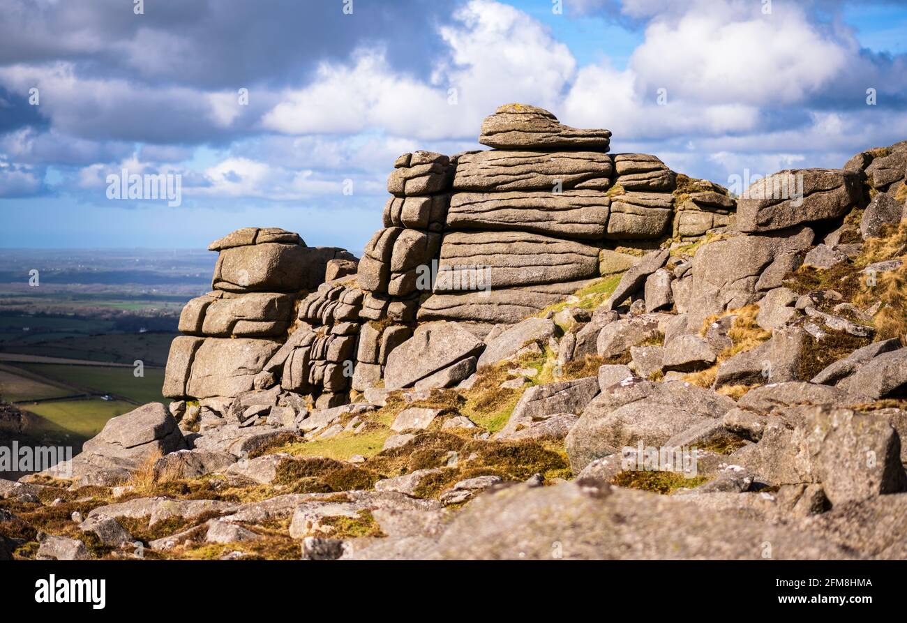 Granite outcrops displaying horizontal jointing, Higher Tor, Dartmoor ...