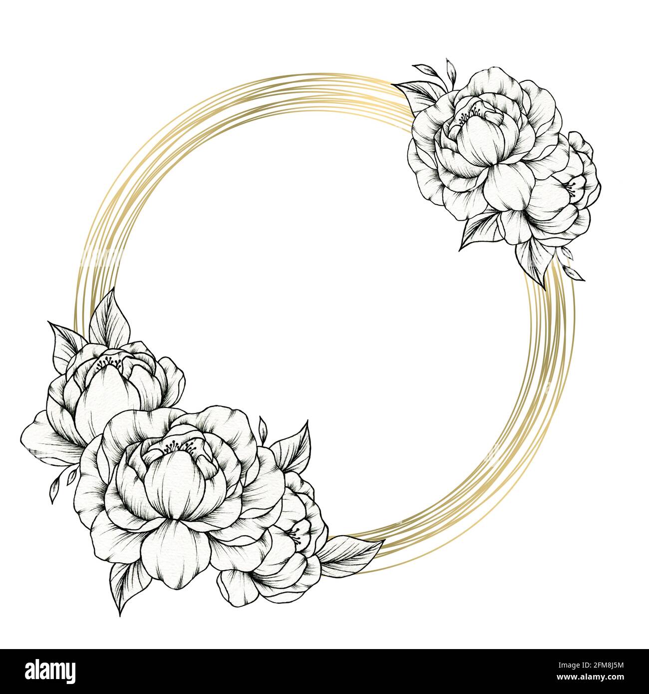 Elegant floral frame template isolated on white, round golden frame ...