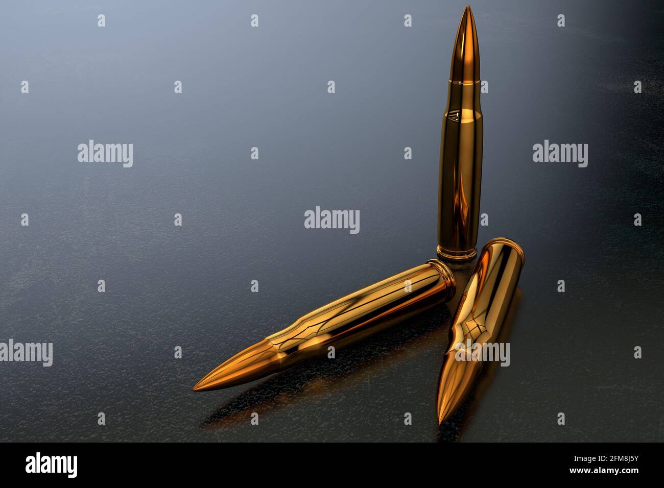 3D golden bullets for a rifle on a dark surface in a dark space Stock ...