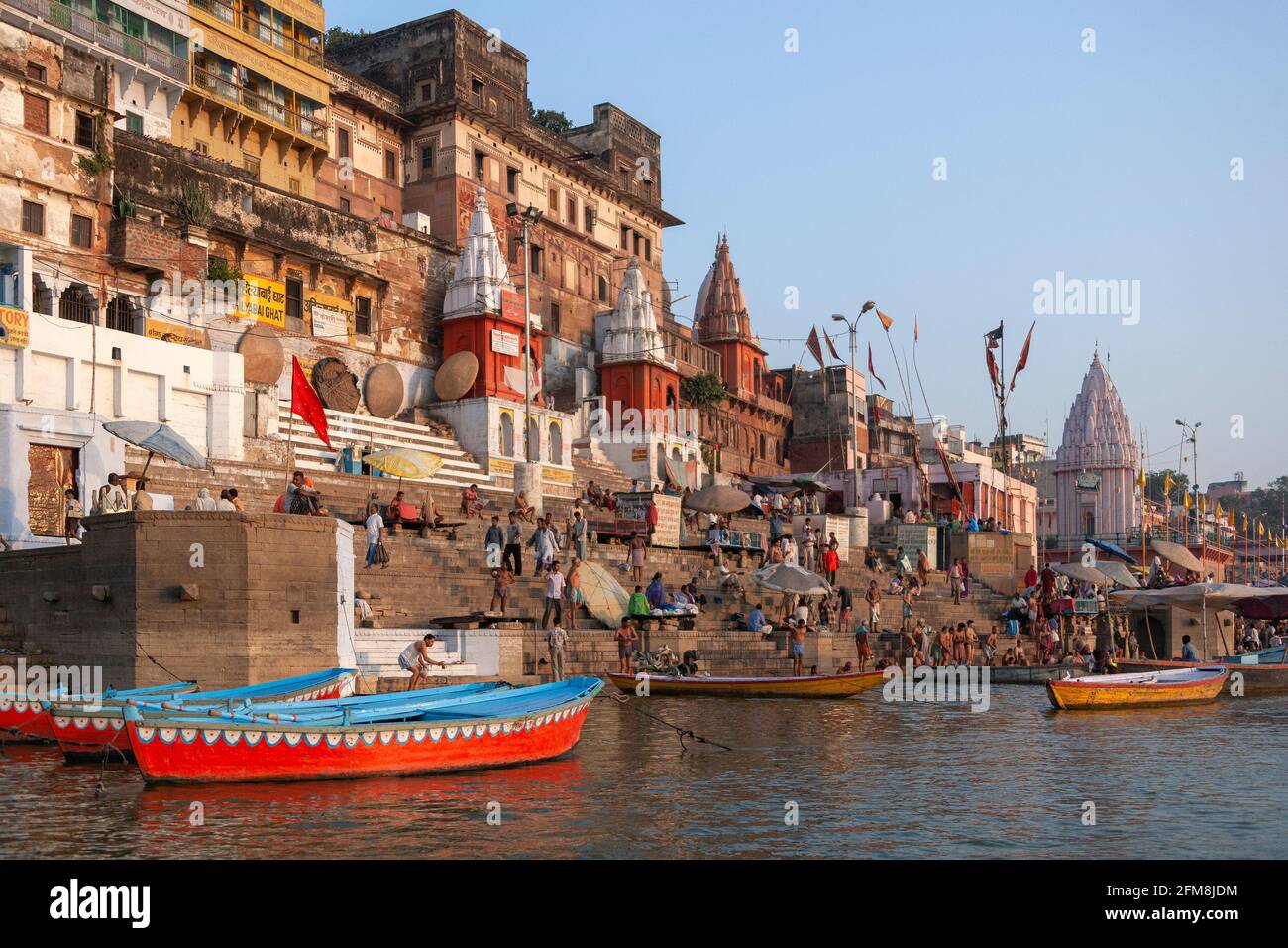 The Hindu Ghats on the banks of the Holy River Ganges at Varanasi in ...