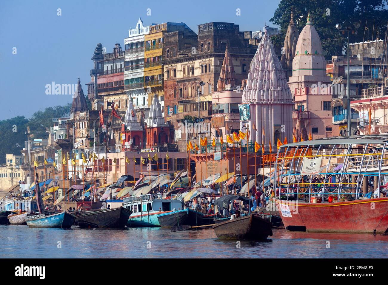 The Hindu Ghats on the banks of the Holy River Ganges at Varanasi in ...