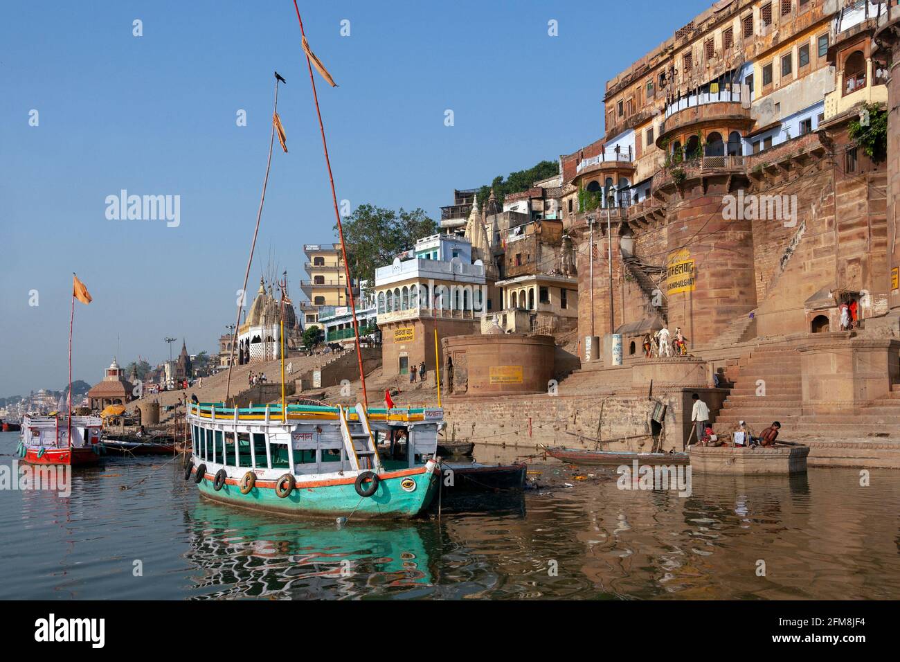 The Hindu Ghats on the banks of the Holy River Ganges at Varanasi in ...