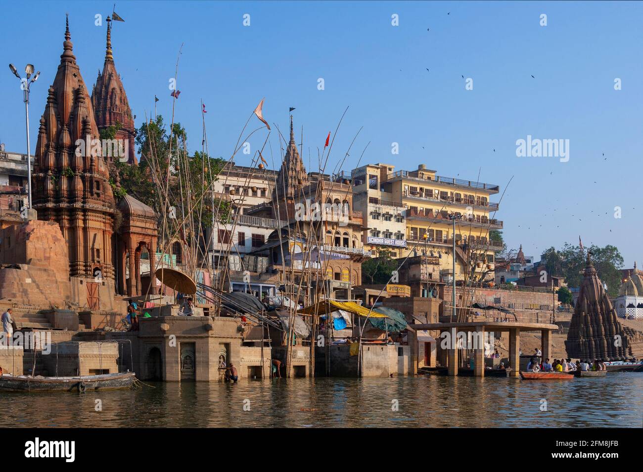 The Hindu Ghats on the banks of the Holy River Ganges at Varanasi in ...