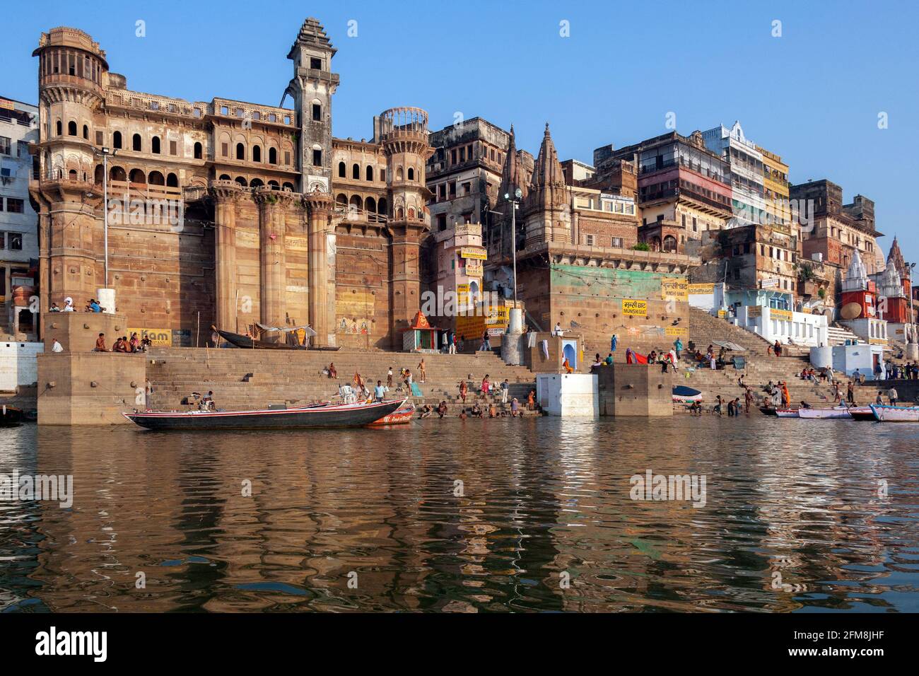 The Hindu Ghats on the banks of the Holy River Ganges at Varanasi in ...