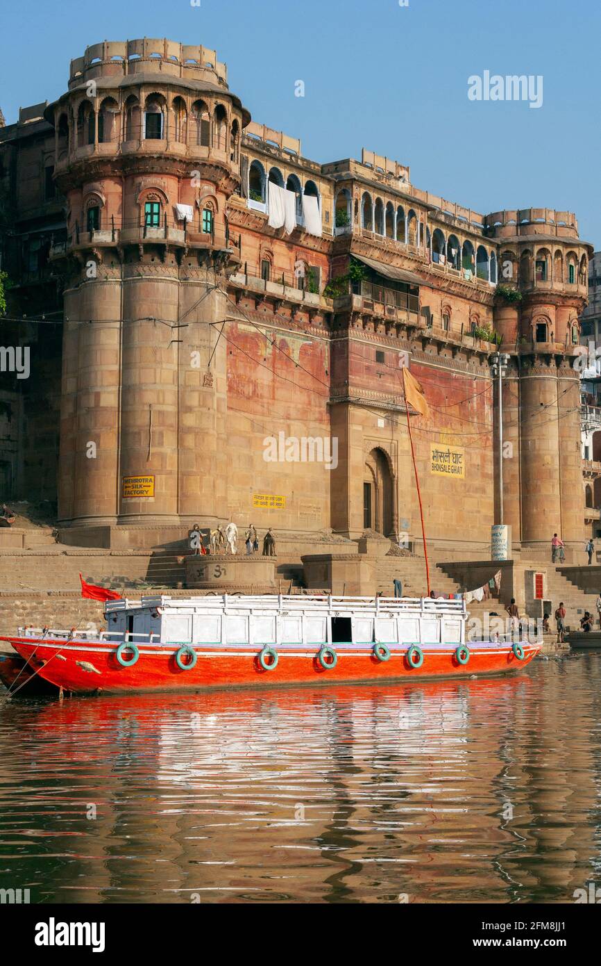The Hindu Ghats on the banks of the Holy River Ganges at Varanasi in ...