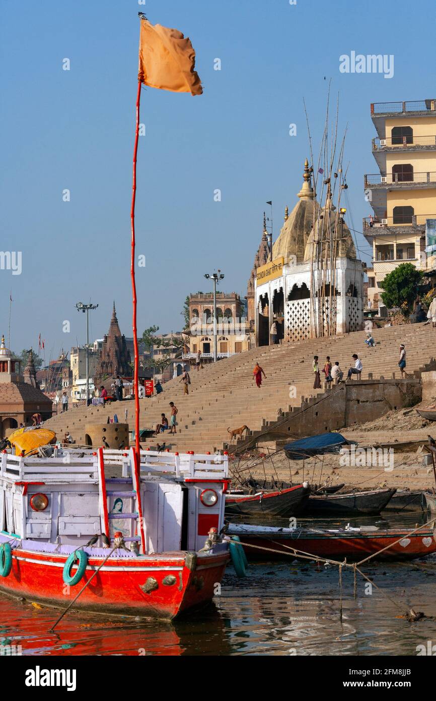 The Hindu Ghats on the banks of the Holy River Ganges at Varanasi in ...