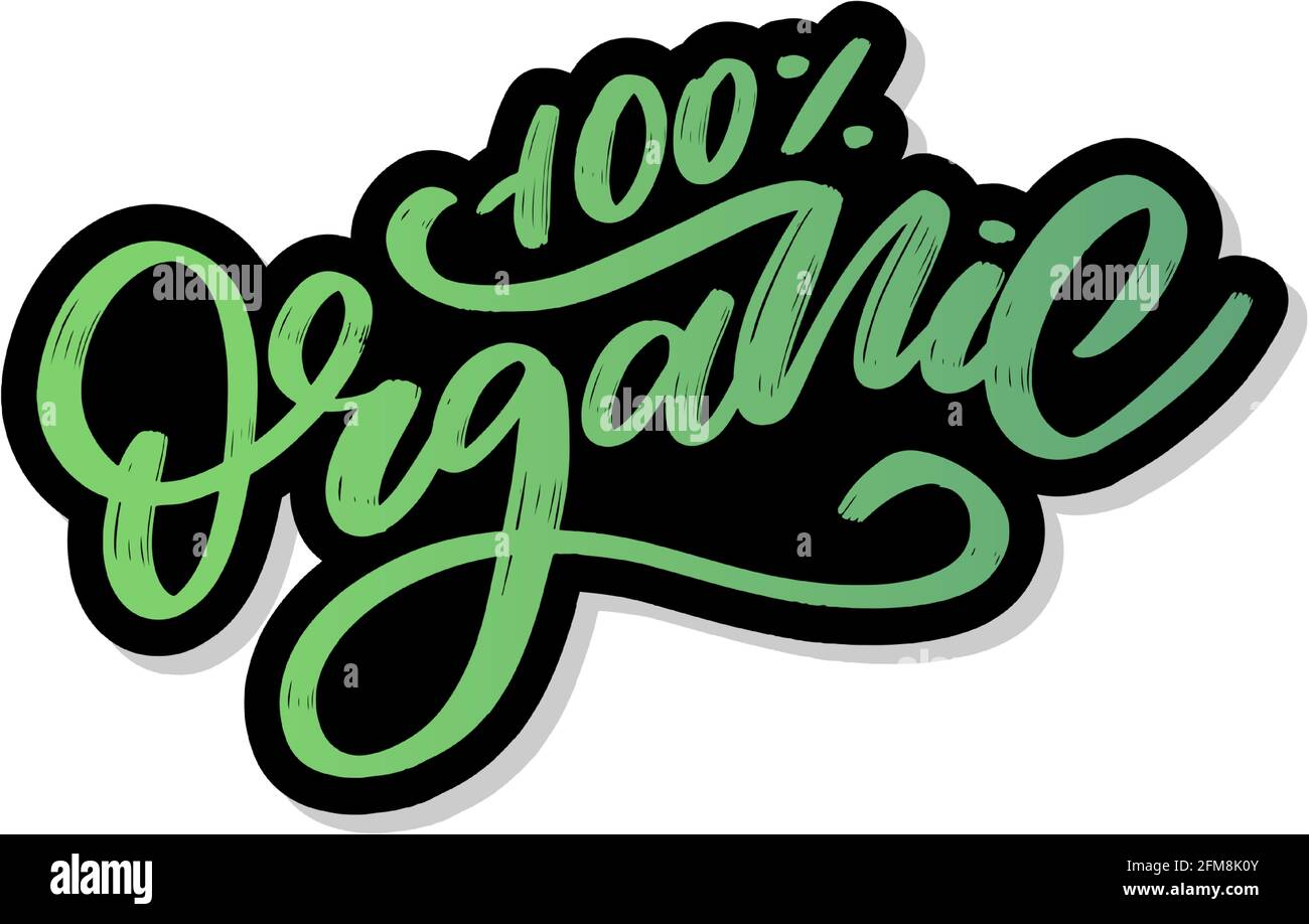 Organic brush lettering. Hand drawn word organic with green leaves ...