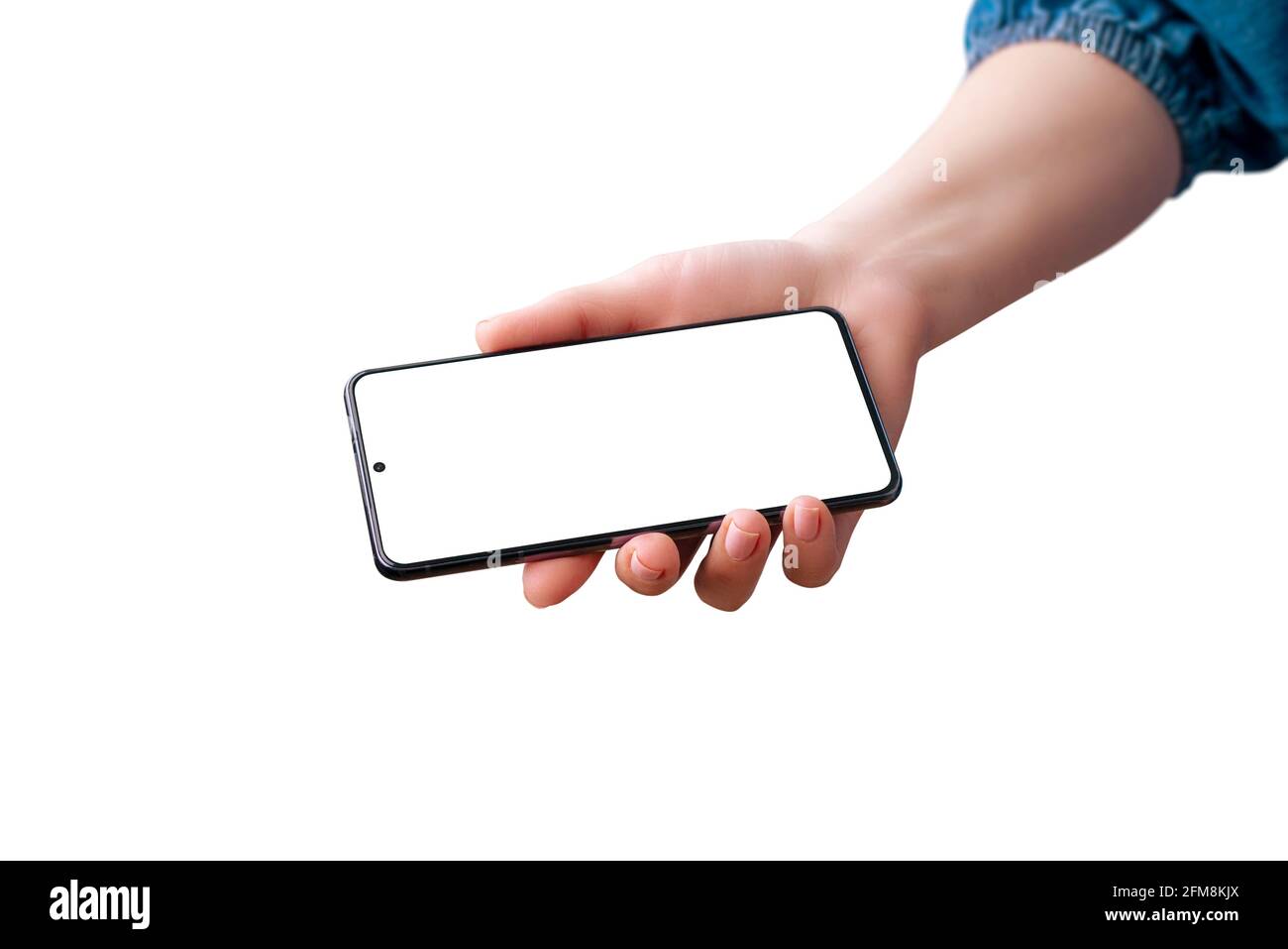 Woman's hand shows the phone. Isolated screen and background ...