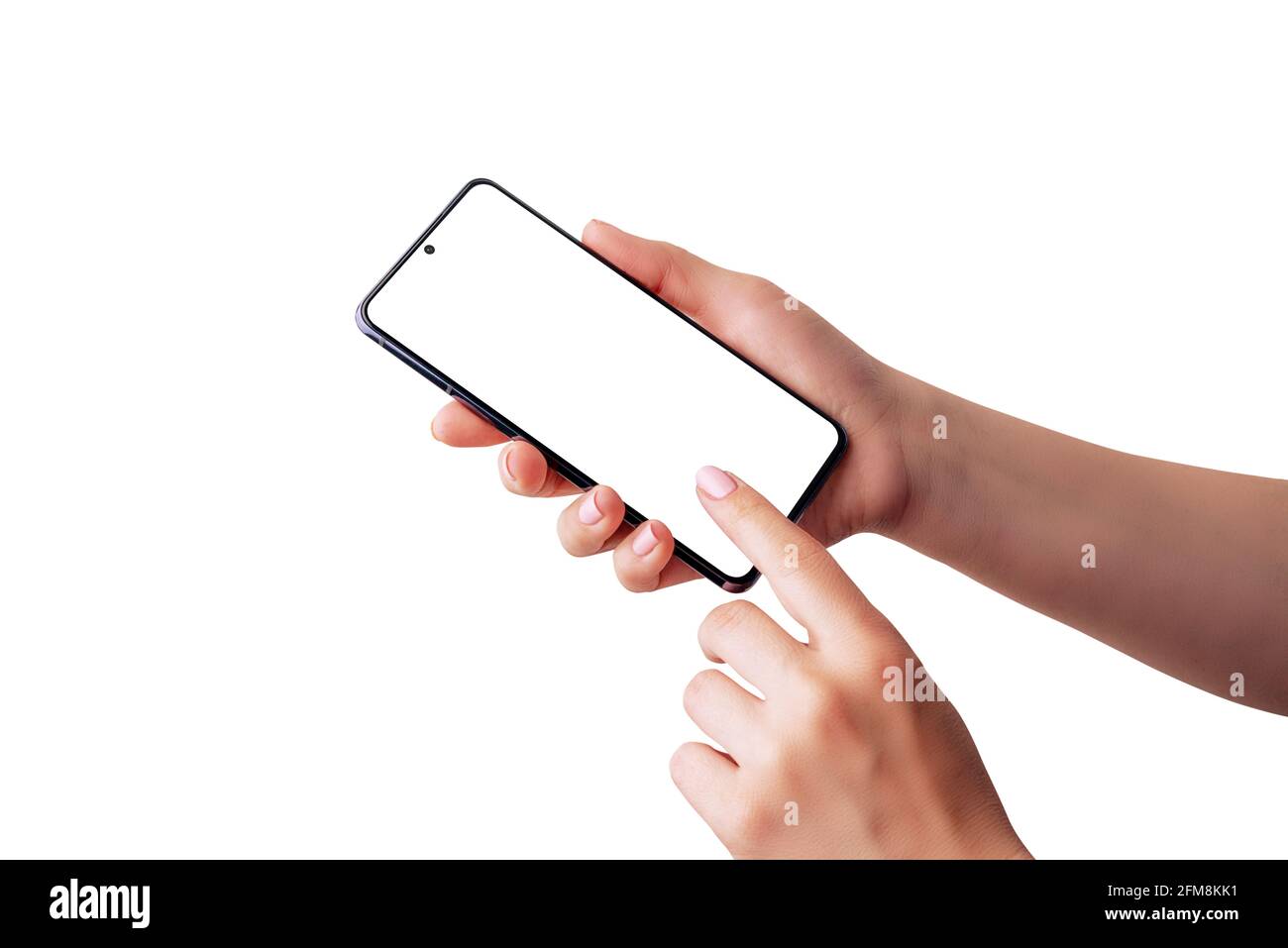 Woman holds a mobile phone and touch display. Isolated hands and phone ...