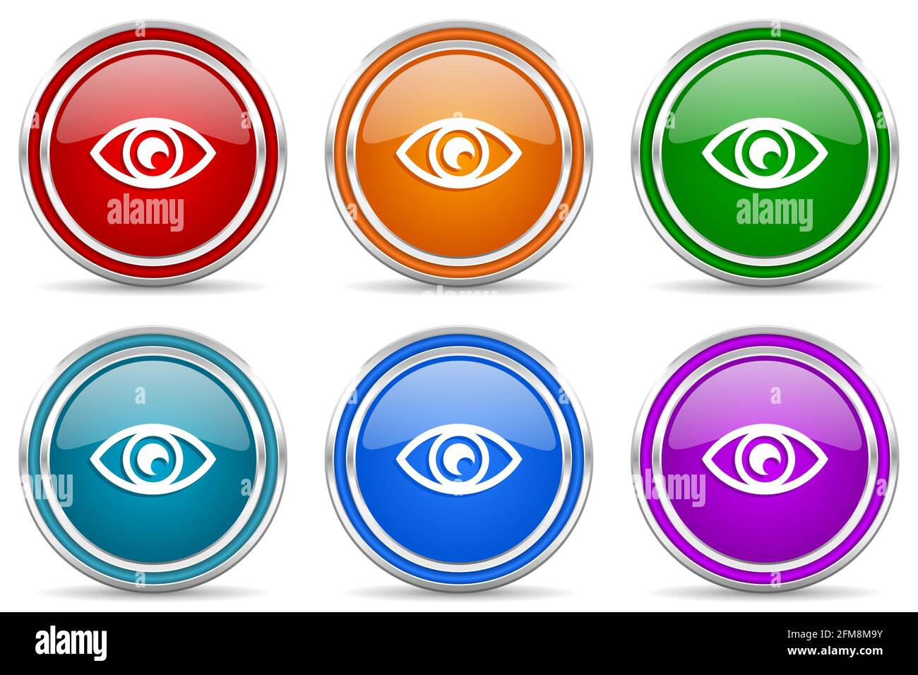 Eye, see, vision, sight and view silver metallic glossy icons, set of ...