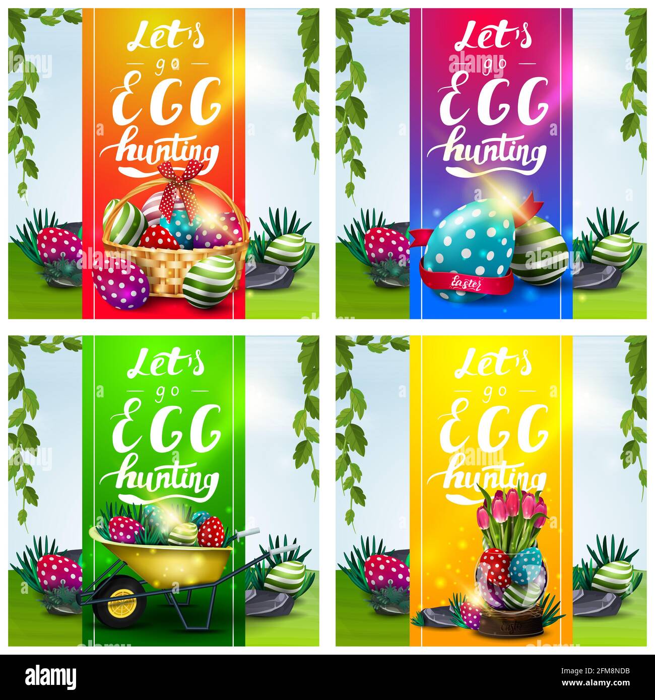 Let's go egg hunting, collection postcards with Easter icons ...