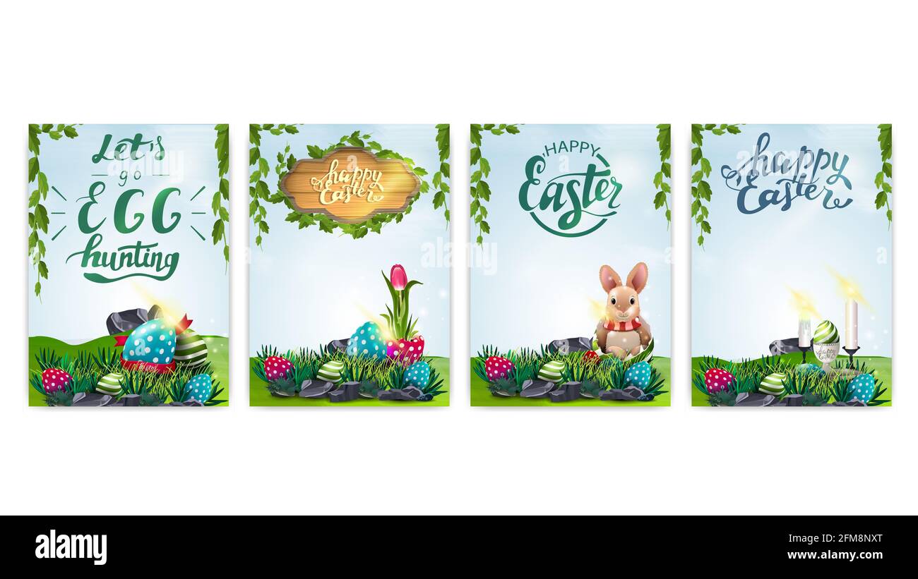 Collection Easter postcards with spring landscape, Easter eggs, bunny ...