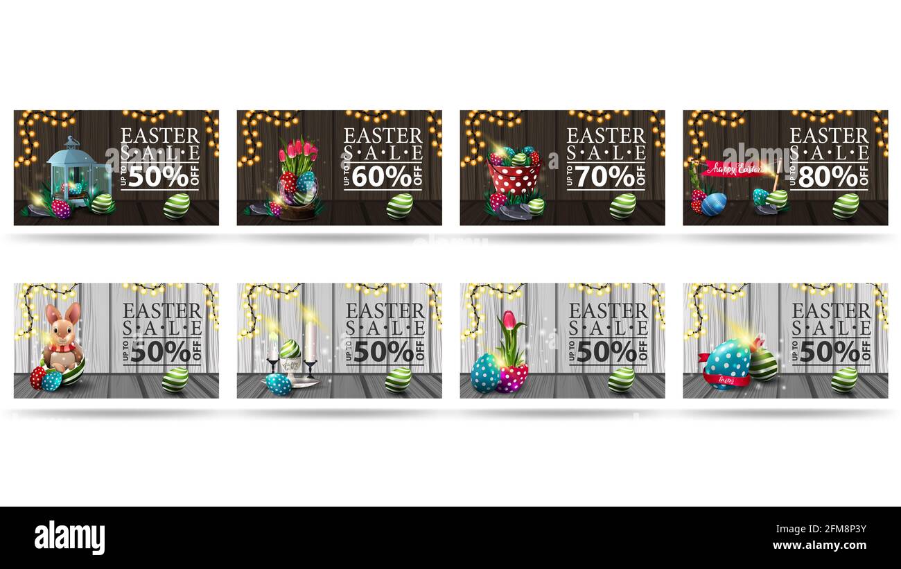 Large collection Easter discount banners with Easter icons, wooden ...