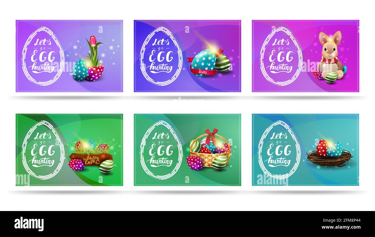 Let's go egg hunting, collection postcards with Easter icons, beautiful ...